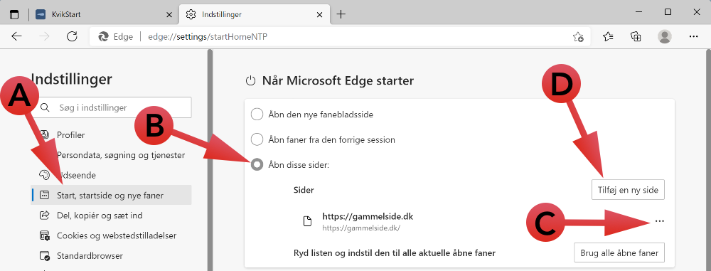 Indstil startside i Edge browseren